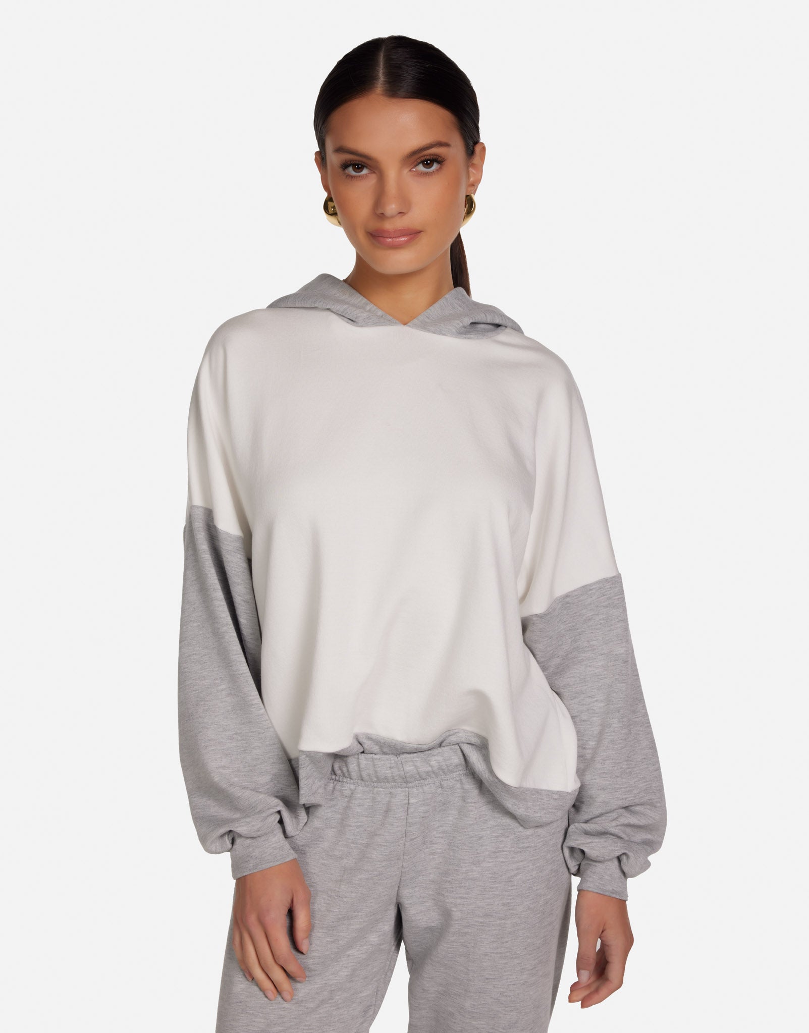 Color Block Hoodie in White/ Heather Grey | Eira by Michael Lauren