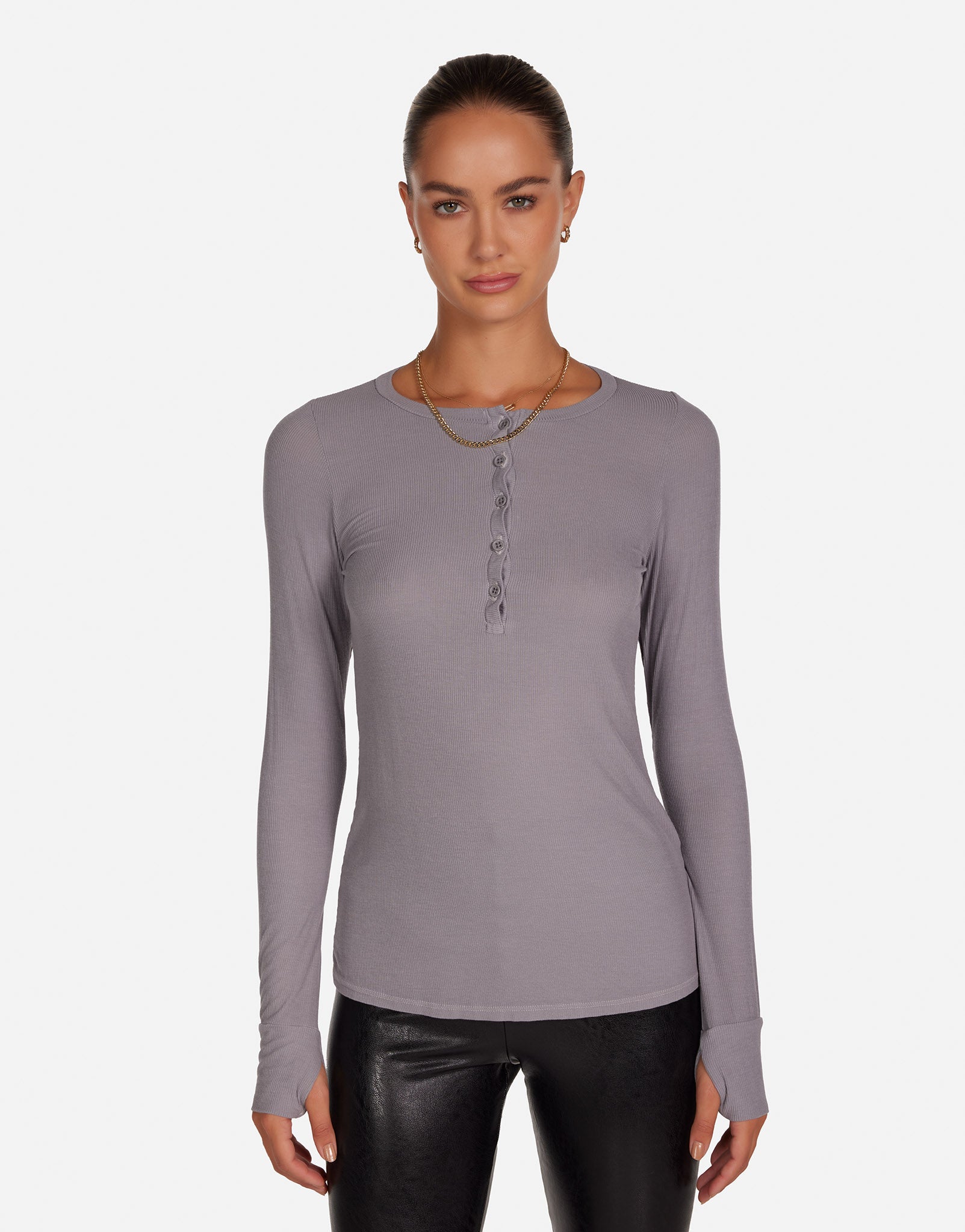 Women's Snap Front Henley Top in Pewter | Vance by Michael Lauren