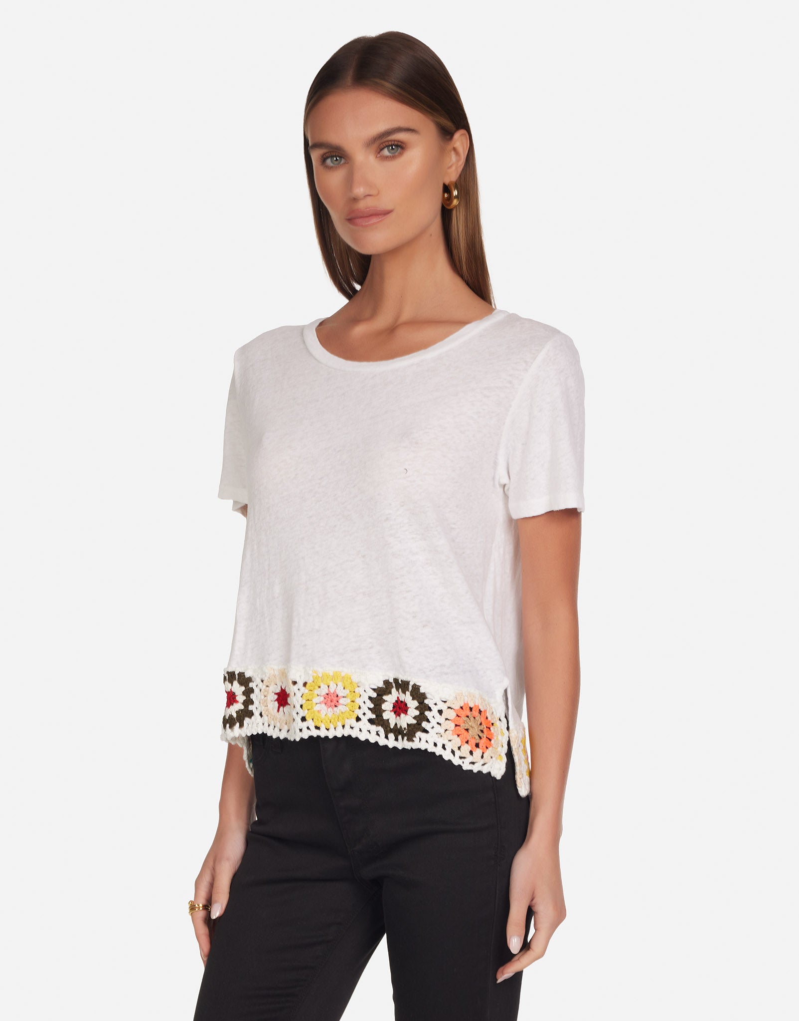 Women's S/S Tee w/ Crochet Lace Trim in White | Abo by Michael Lauren