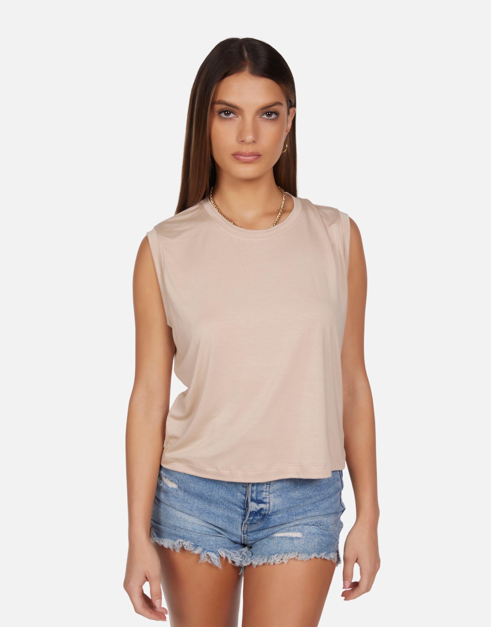 Women's Relaxed Crop Tank Top in Soft Beige | Enzzo by Michael Lauren