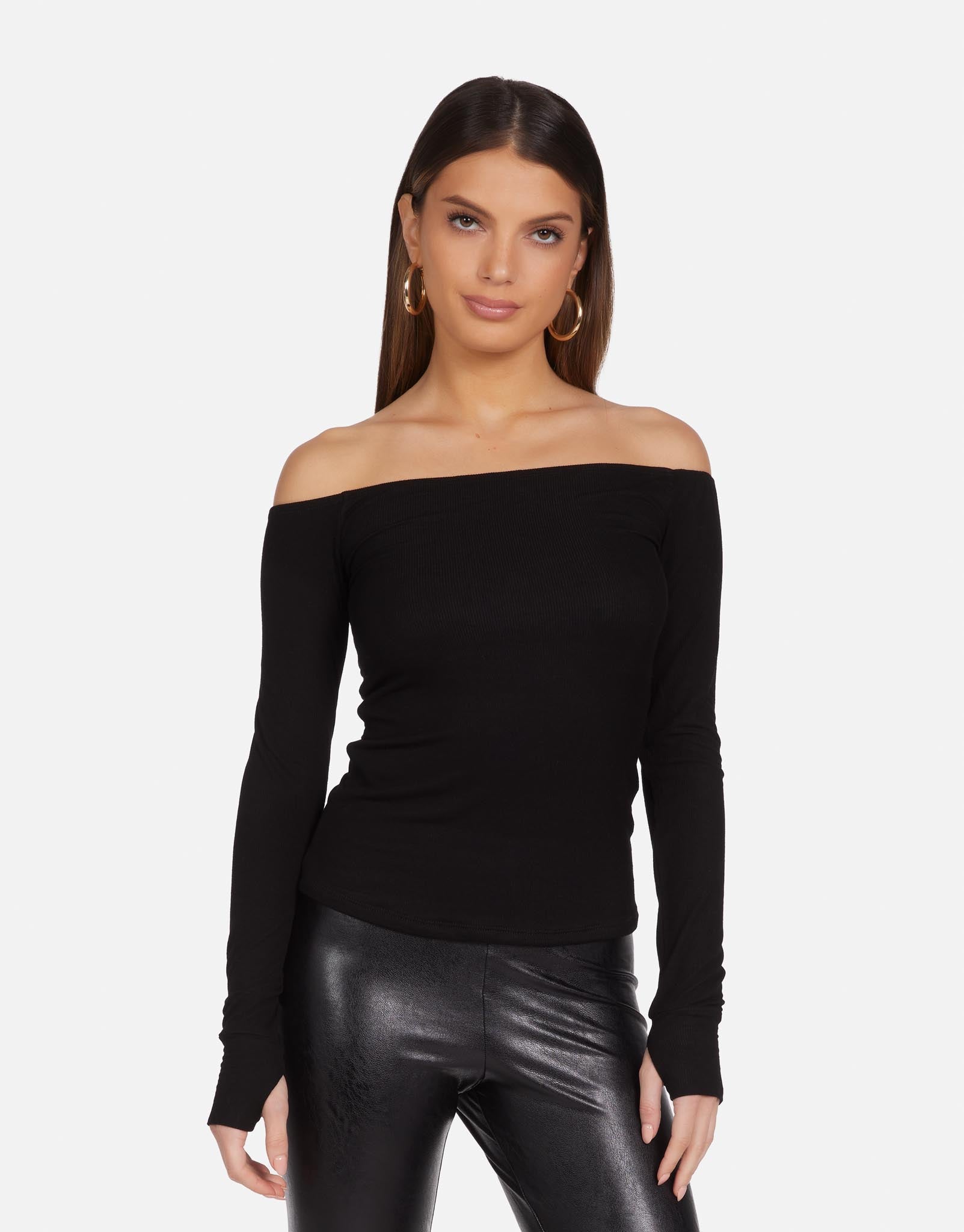 Women's L/S Off Shoulder Fitted Top in Black | Lanny by Michael Lauren