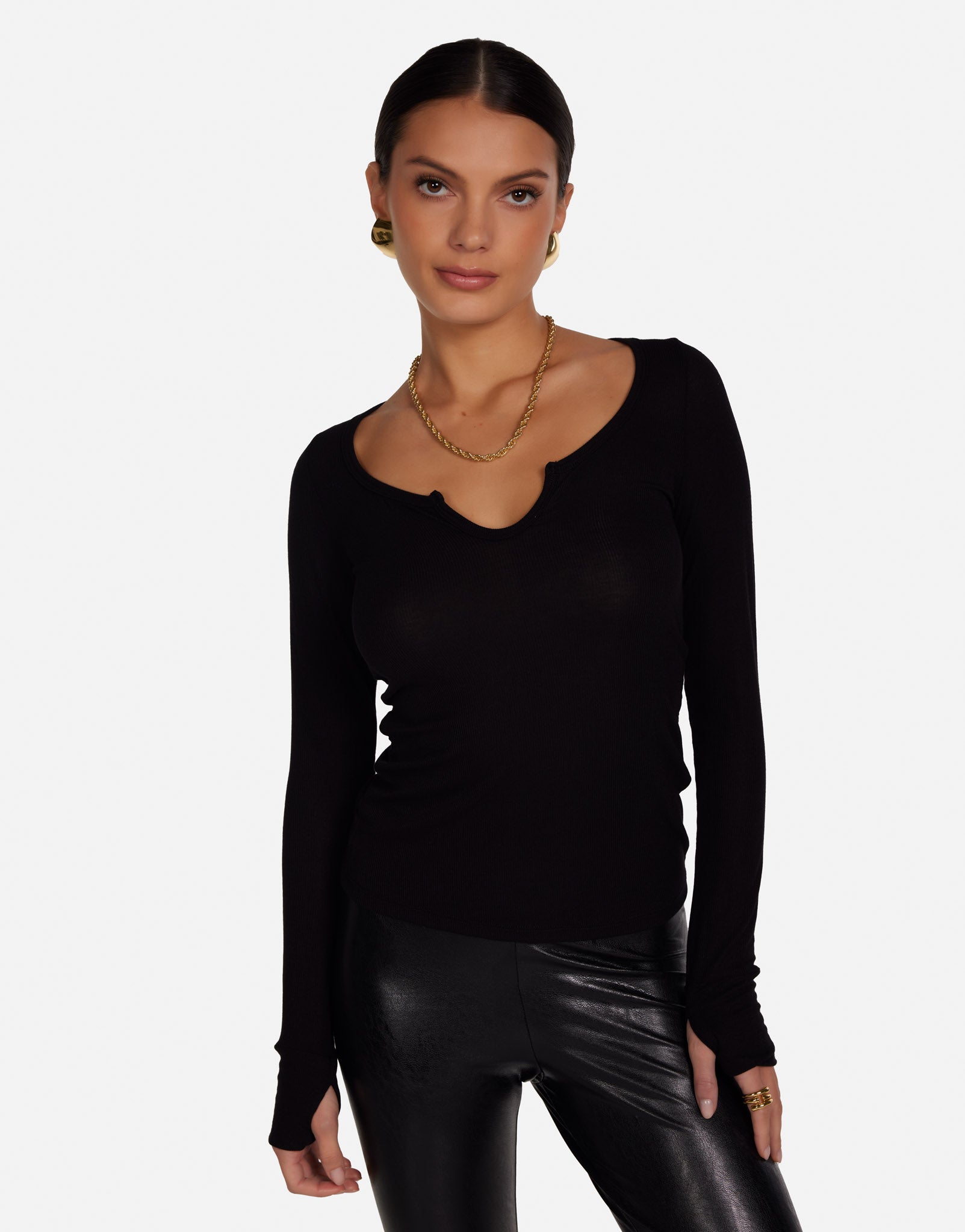 Women's Top w/ Slit Neckline in Black | Maeve by Michael Lauren