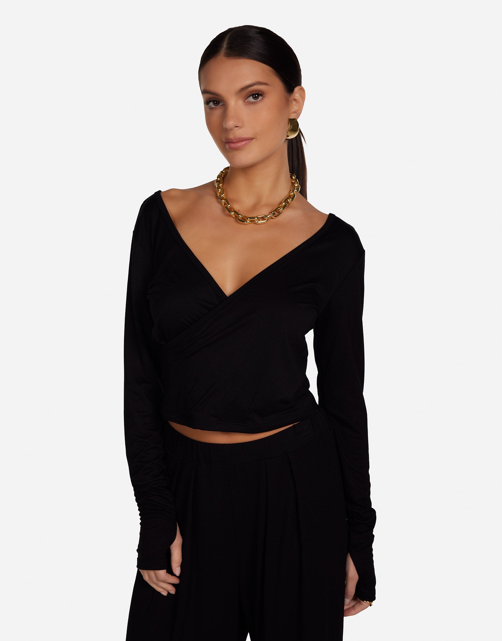 Women's L/S Cross Front Top in Black | Aziel by Michael Lauren
