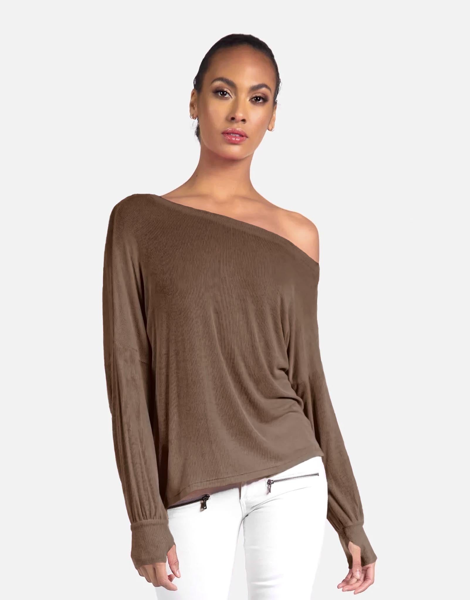 Open Shoulder Pullover Top in Brownie | Kristopher by Michael Lauren